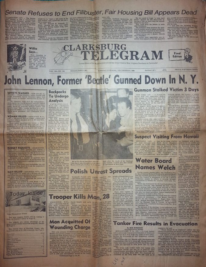 John Lennon's Death as Reported in the Clarksburg Telegram Dec 9, 1980 ...